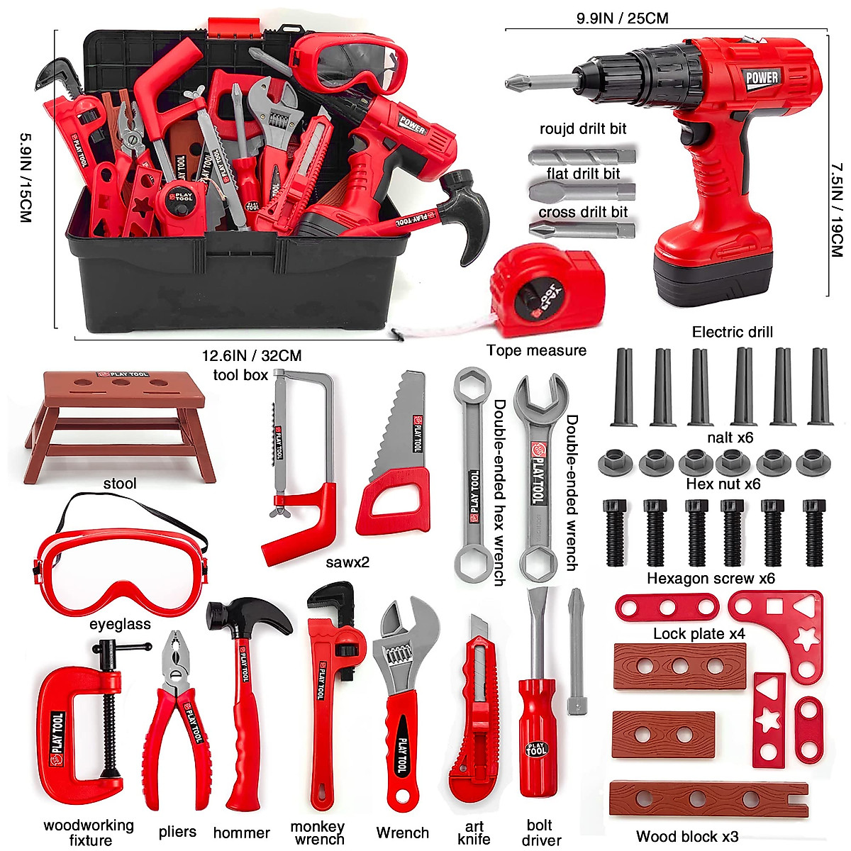 HYRENEE Kids Tool Set – 48 Piece Toddler Tool Set with Electronic Toy Drill& Tool Box,Pretend Play Toys for Kids,Construction Kits Toys for Kids Ages 3 4 5 Years Old, Toddler Boy Toys