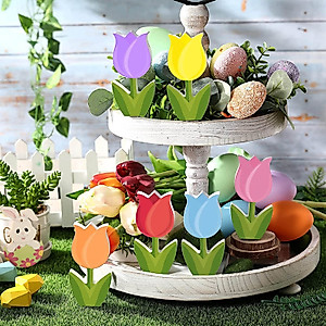 6 Pcs Easter Wooden Tulips Tiered Tray Decor Farmhouse Wood Tulips Table Decorations Spring Tiered Tray Decor Easter Wooden TulipsSign for Shelf Tabletop Easter Party Home Tie Trays (Pink, One Size)