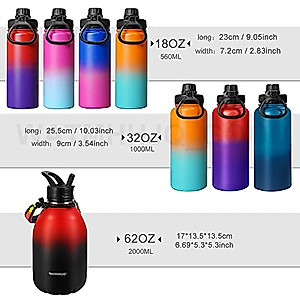 WATMHHJQ 18oz/32oz Insulated Stainless Steel Water Bottle,BPA Free,Sport Metal Thermos Water Bottles Cups, Leak-Proof Double Wall Vacuum Wide Mouth, Keep Cold for 20 Hrs/Hot 8 Hrs