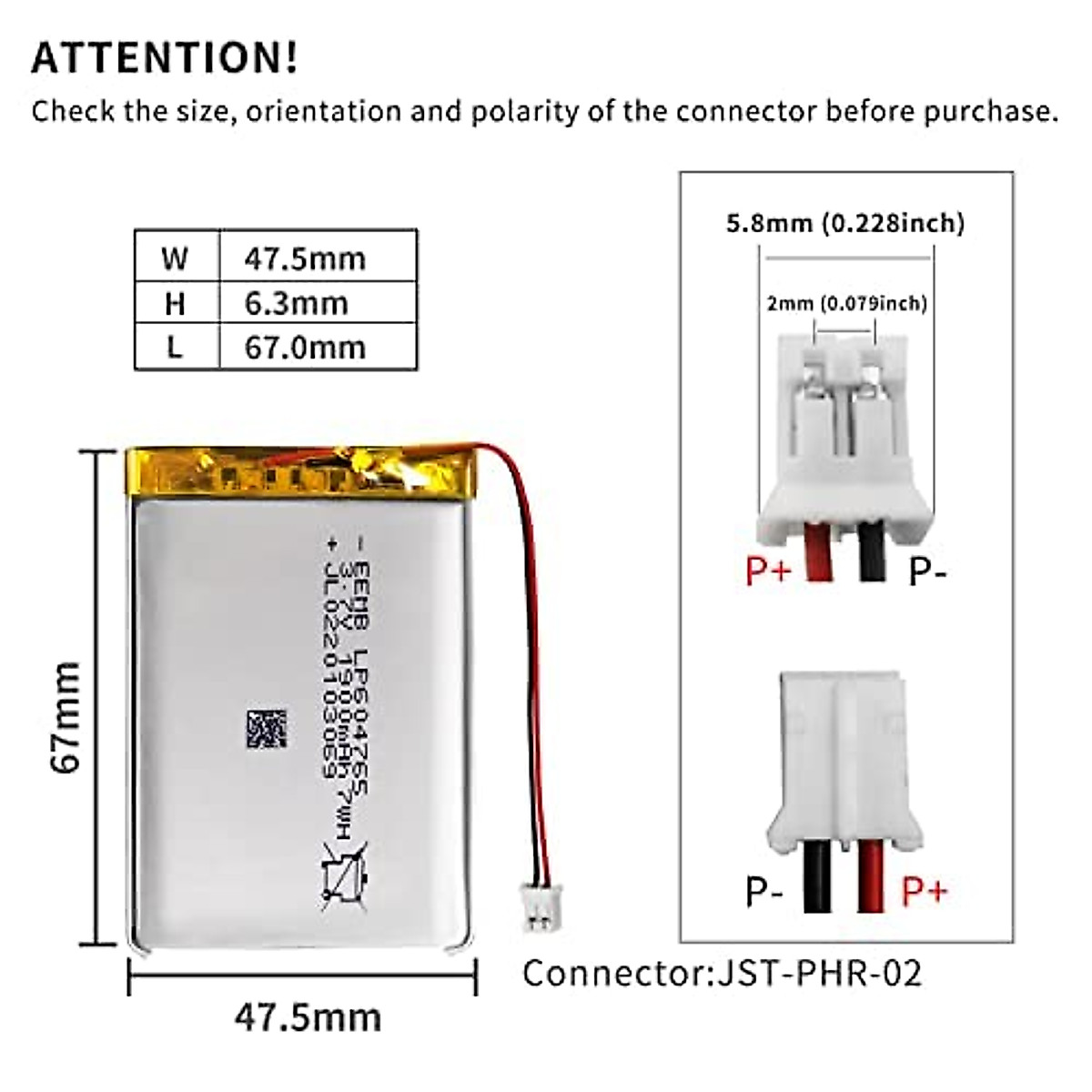 EEMB Lithium Polymer Battery 3.7V 1900mAh 604765 Lipo Rechargeable Battery Pack with Wire JST Connector for Speaker and Wireless Device- Confirm Device & Connector Polarity Before Purchase
