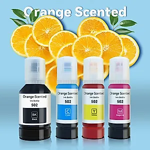 Bwen Orange Scented Ink Refill Bottles Compatible for 502（4-Pack）(BK/C/M/Y) fit for Epson 502 Ink Bottle Replacement fit for ET-2850 ET-3830 ET-3850 ET-2760 ET-3760 ET-15000 (Not OEM Ink)