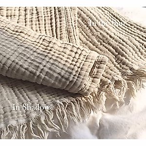 100% Organic Muslin Cotton Large Throw Blanket for Adult, Couch, 4-Layer Pre-Washed Plant Dyed Yarn, Breathable Soft, Cozy, Summer Lightweight Bed Blanket, All Season (60"x80" Pale Khaki/Tan)