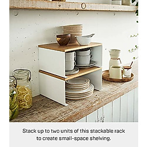 Yamazaki Wood-Top Stackable Kitchen Rack-Modern Counter Shelf Organizer, White