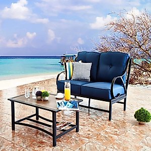 PatioFestival Patio Bench Sofa Outdoor Loveseat Conversation Set with Thick Cushion & Coffee Table Metal Frame Furniture for Deck Garden Poolside Balcony Beach(2 Seats, Blue)
