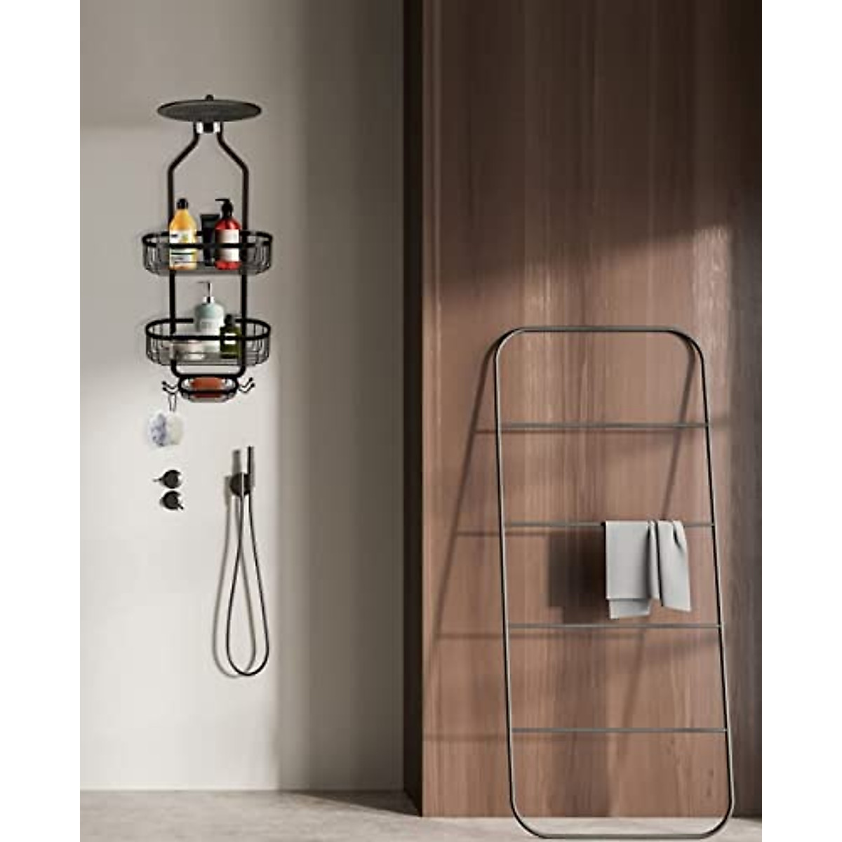 Innovatronic Bathroom Hanging Shower Organizer, Over Head Shower Caddy Basket with Hooks for Razor and Sponge, Rustproof, Anti-Swing (Black)