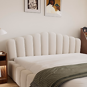 jurmiture Velvet Upholstered Queen Bed Frame, Floor Bed Shell-Shaped Headboard for Bedroom, No Box Spring Needed, Beige