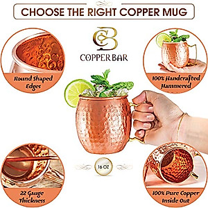 Copper-Bar Moscow Mule Copper Mugs - Set of 2-100% HANDCRAFTED Pure Solid Copper Mugs - 16 Oz, Gift Set + Cocktail Copper Straws, Copper Shot Glass & Copper Stirrer