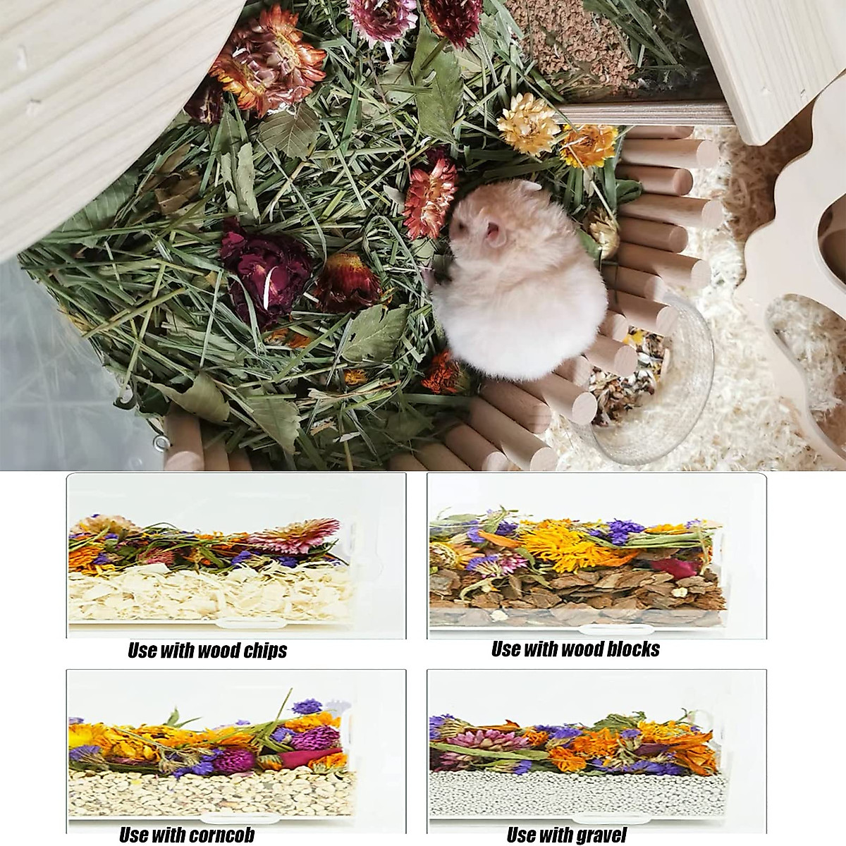 Tfwadmx Hamster Substrate Moss Natural Bedding Habitat Decor for Dwarf Syrian Hamsters Gerbils Mice Degus Bunny or Other Small Animal (Flower & Herb（A）(2PCS))