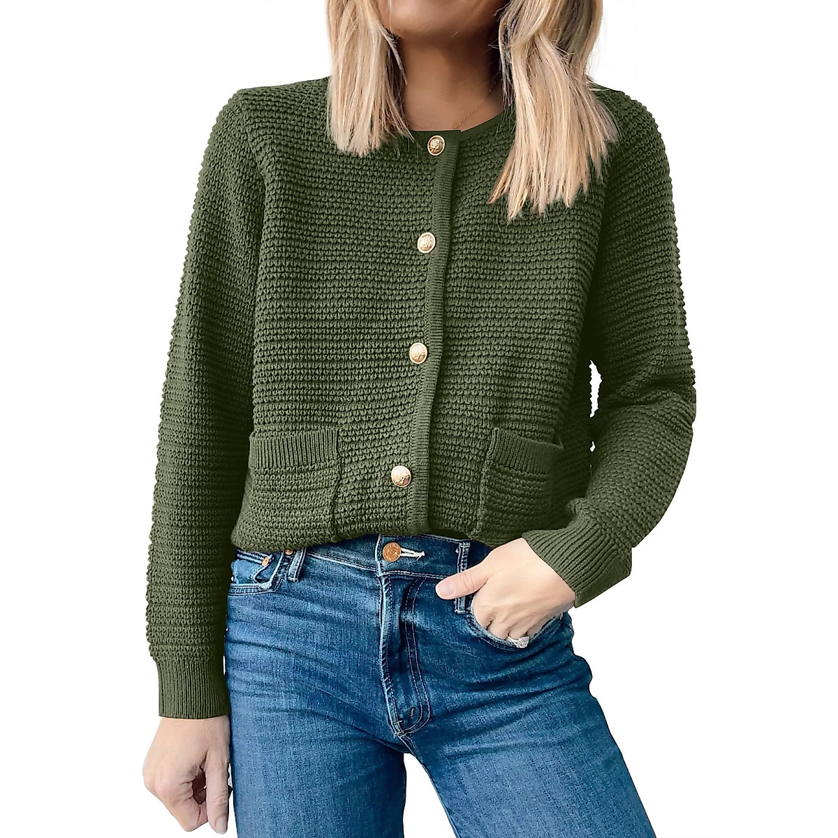 ANRABESS Women's Tweed Knit Cardigan Sweater Casual Long Sleeve Cropped Button Down Lady Jackets 2025 Spring Fashion Outwear Army Green Medium