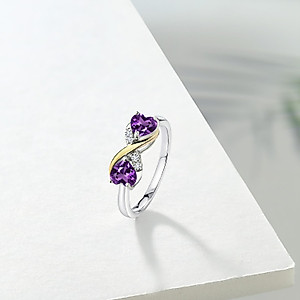 Gem Stone King 925 Sterling Silver and 10K Yellow Gold Heart Shape Purple Amethyst and White Lab Grown Diamond Women Ring (0.88 Cttw, Gemstone Birthstone, Available In Size 5, 6, 7, 8, 9)