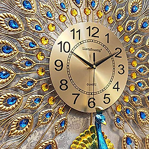 Crystal Living Room Clock Creative Personality Art Decoration Mute Quartz Hanging Clock,Home Decoration Peacock Wall Clock F 80x75cm(31x30inch)