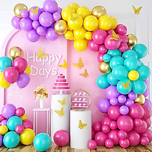Magic Balloon Garland Arch Kit 103 Balloons Set Purple Blue Rose Red Yellow Gold Metallic Balloons 12Pcs Butterfly Stickers Decorations for Birthday Party Wedding Baby Shower Decor Supplies