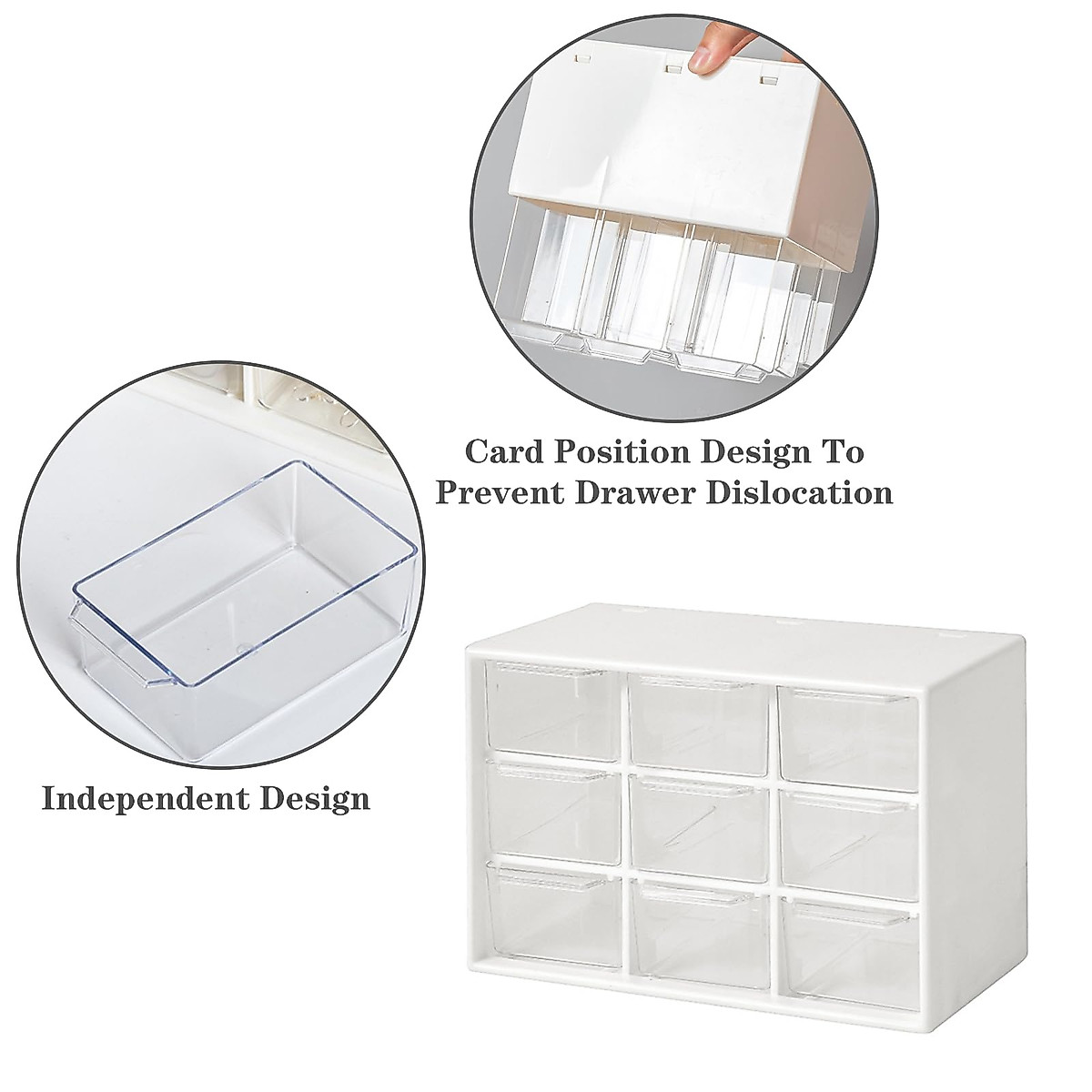 Dafape Mini Storage Drawers, Small 9 Drawers Organizer Bins Stackable Clear Plastic Box for Desk Office Bedroom Kitchen Makeup Jewelries Parts Gadgets Square Trays Desktop Stationary (White)