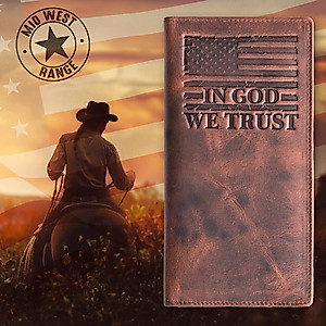 MID WEST RANGE ‘The Patriot’ American Flag Rodeo Wallet for Men. Distressed Leather ‘IN GOD WE TRUST’. Gift Cowboy Wallet for the True Patriot - Western Wallet for Men.