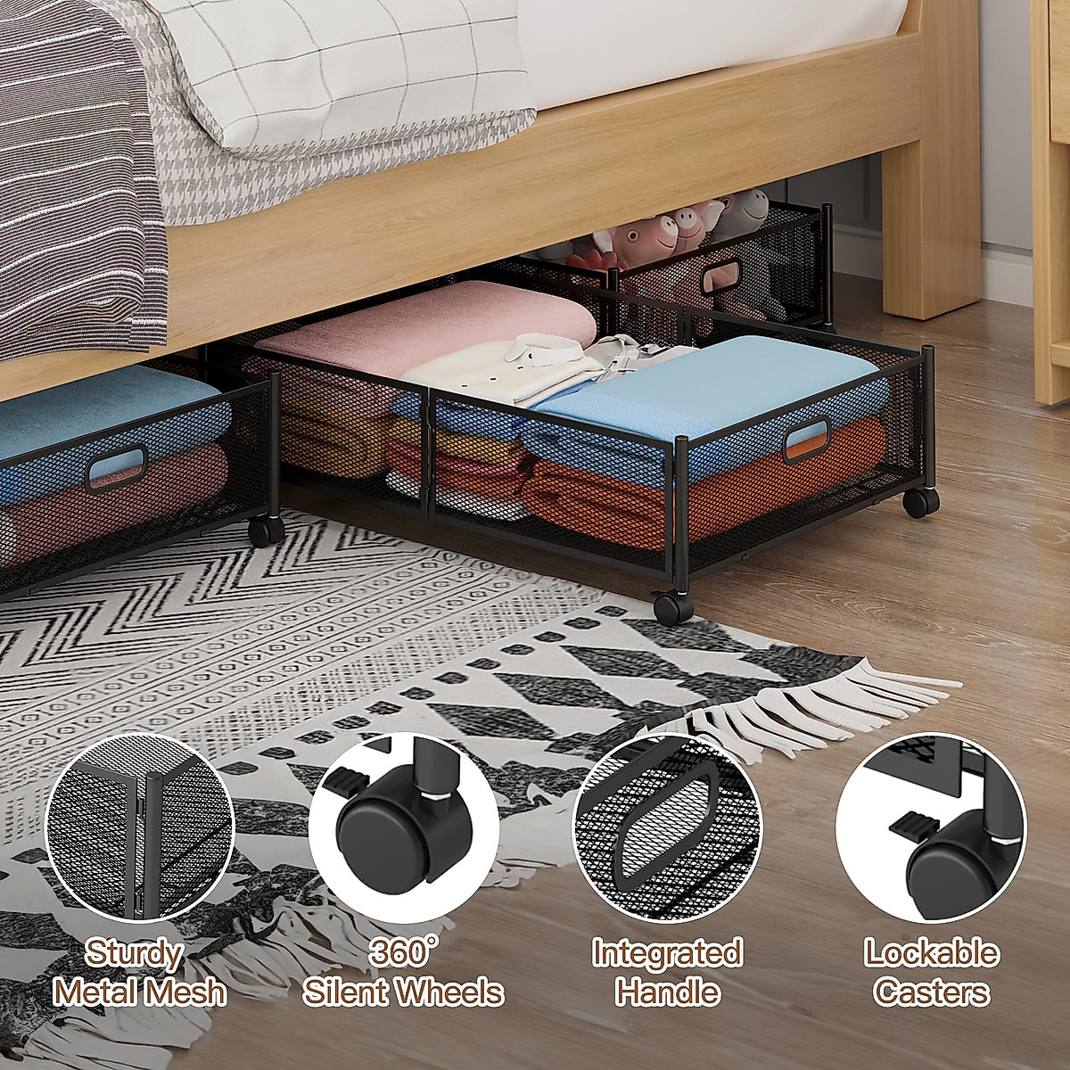 Under Bed Storage with Wheels, Foldable Metal Mesh Underbed Storage Container Bins, Tool-free Assembly Clothes Drawer Organizer,2Pack