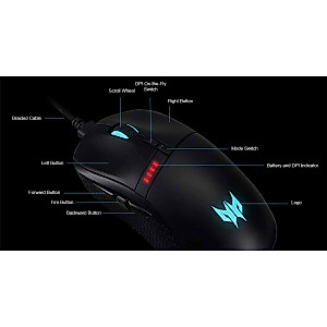 Acer Predator Cestus 350 Wireless Gaming Mouse: NVIDIA Reflex - Up to 16000 DPI - RGB Lighting - 8 Programmable Buttons - On-Board Memory - 5 Profile Settings - Pixart 3335 Sensor - Black
