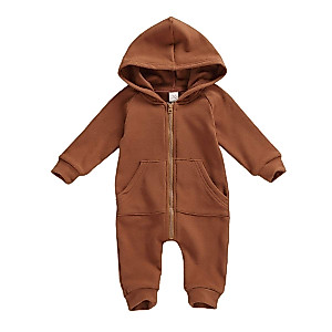 Seyurigaoka Baby Boys Girls Jumpsuit Hoodie Romper Zipper Long Sleeve One Piece Outfits Warm Clothes for Unisex (Coffee, 0-3 Months)