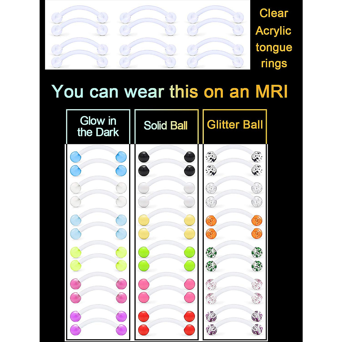 Prjndjw 14G Flexible Plastic Acrylic Piercing Jewelry, 48Pcs Curved Barbell Body Piercing for Women Men, Glow in The Dark Tongue Nipple Rings Retainer, 16mm, Hypoallergenic