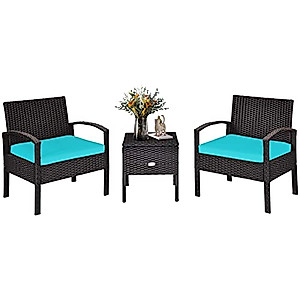 DORTALA 3 Pieces Outdoor Wicker Bistro Set, Rattan Sofa Set with Washable & Thick Cushion, Coffee Table with Storage Space, Great for Porch Garden Poolside Balcony, Turquoise