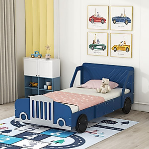 Twin Size Car Bed with Wheels, Wood Platform Bed with Headboard and Footboard, Race Car Bed Frame with Slats Support for Boys Girls, No Box Spring Needed, Blue