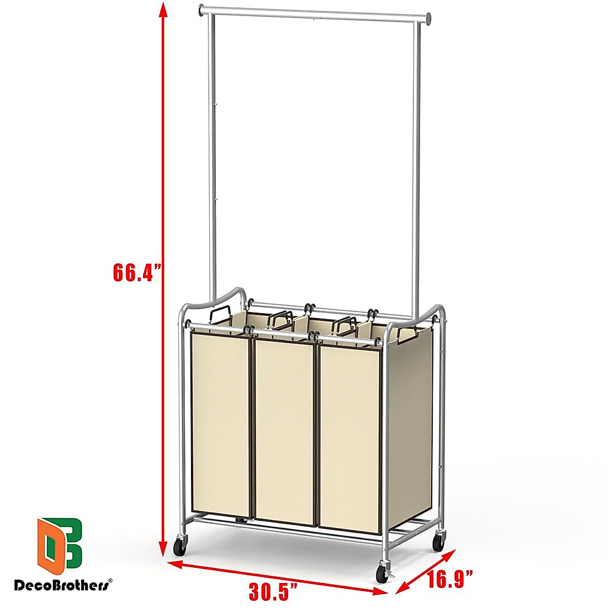 DecoBrothers Heavy Duty 3 Bag Extendable Laundry Sorter Cart with Hanging Bar, Beige