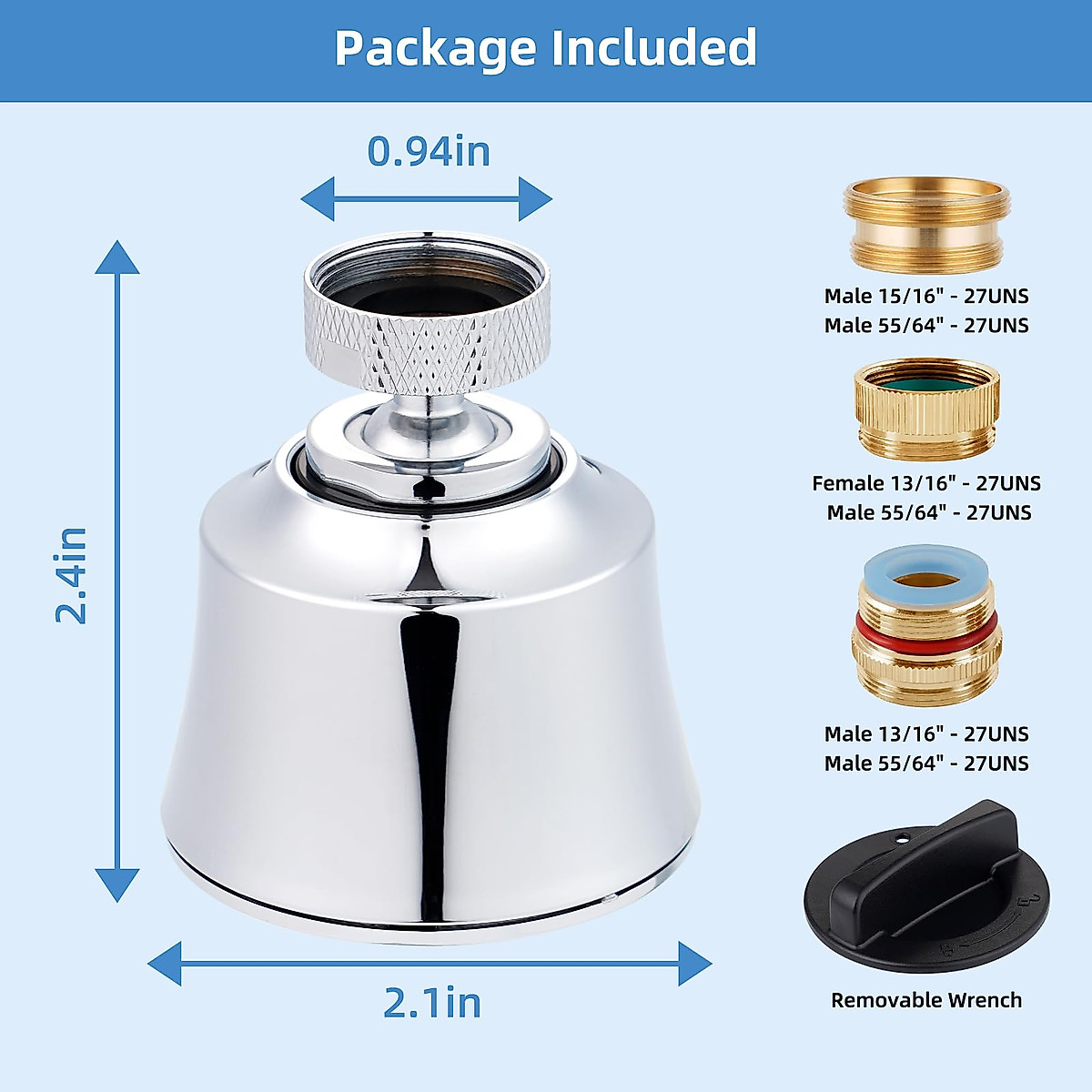 Hygie Rinse Faucet Sprayer Attachment with 4 Spray Modes, 360° Swivel Faucet Aerator Kitchen Sink Faucet Head 55/64-27UNS Famale Thread, Male Thread Adapter Included, Chrome