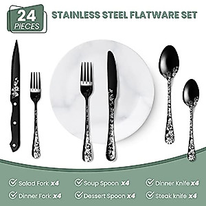 MOVNO 24-Piece Black Silverware Set, Food-Grade Stainless Steel Black Flatware Cutlery Set Service for 4, Durable Metal Tableware Utensils Set with Fork Spoon Knife, Mirror Polished