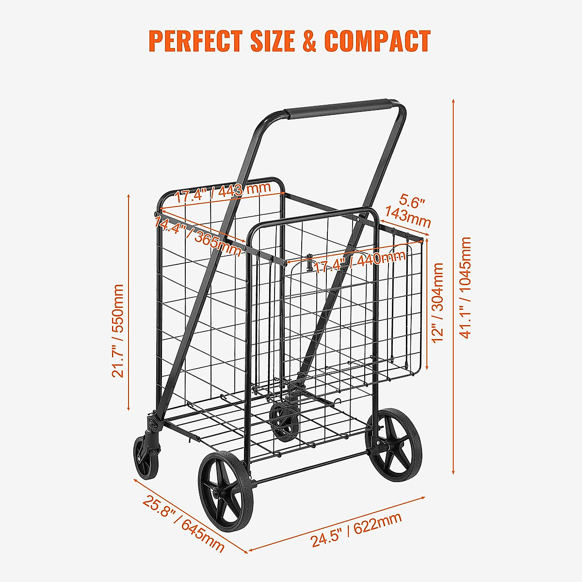 VEVOR Folding Shopping Cart, Jumbo Grocery Cart with Double Baskets, 360° Swivel Wheels, Heavy Duty Utility Cart, 110 LBS Large Capacity Utility Cart for Laundry, Shopping, Grocery, Luggage, Black
