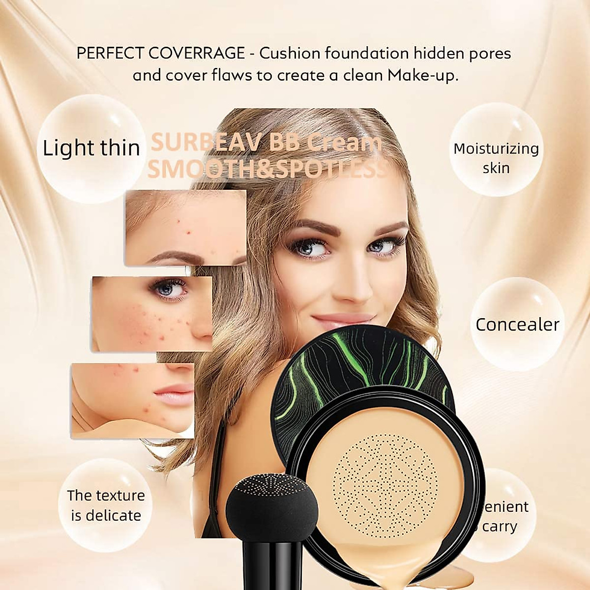 Air Cushion CC Cream Mushroom Head Foundation, 2 PCS Amazfly Moisturizing BB Cream Face Primer Makeup Long Lasting Matte Concealer Bright Makeup Base Long Lasting with Mushroom Makeup Sponge and Powder Brush (Natural+Face Primer)