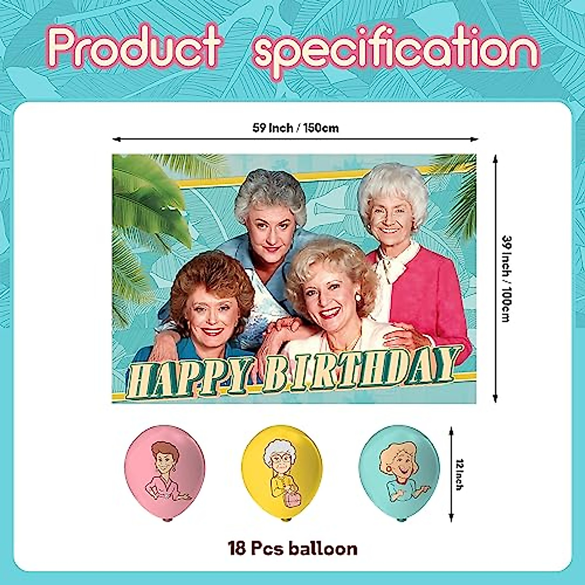 Golden Girls Birthday Party Decoration, Include The Girls Party Backdrop 5 x 3 FT, Cake Topper, Latex Balloons, for Women Fans Birthday Party