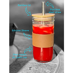 Melissa & Grace [2 Pack] 24oz Glass Cups with Airtight Bamboo Lids, Silicone Sleeve, Wide Mouth Metal Straw Cleaners - Fashionable Reusable Boba for Iced Coffee/Tea, Travel Drinks 2.9x7.8 (MG2022001)