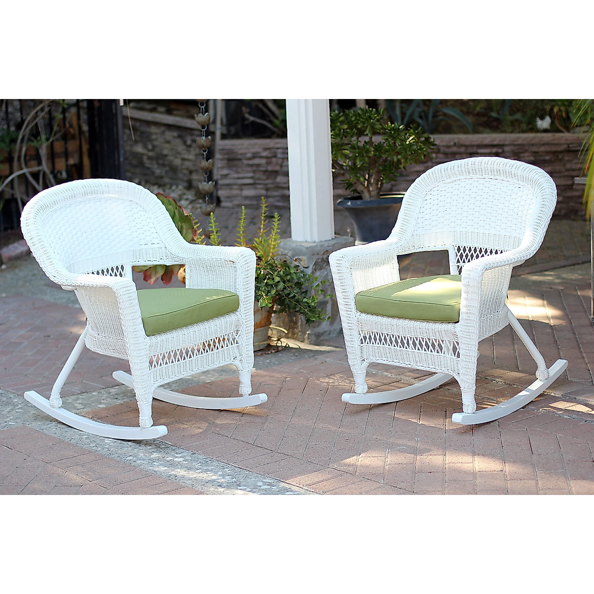 Jeco Rocker Wicker Chair with Green Cushion, Set of 2, White