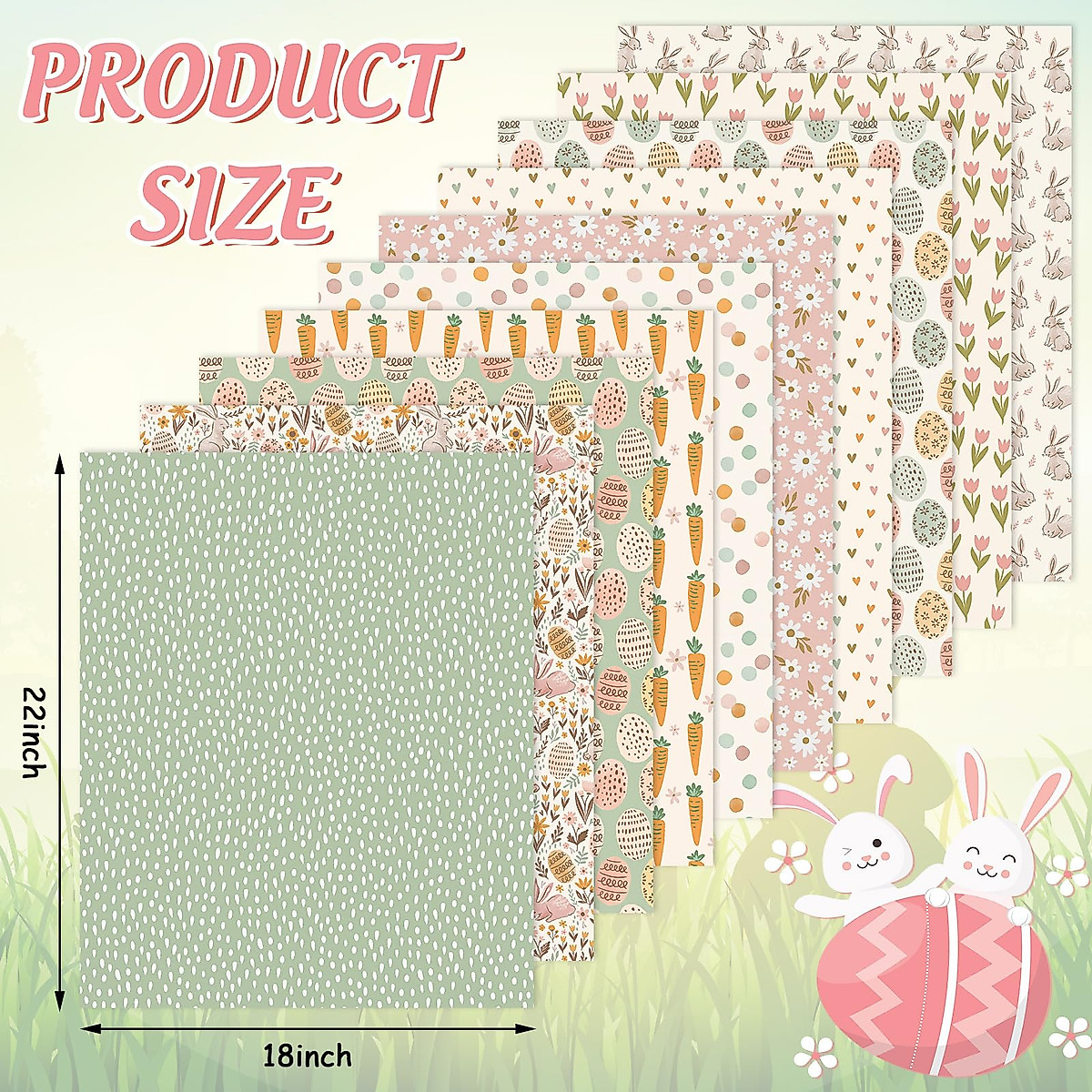 Whaline 10Pcs Easter Cotton Fabric Bundles Easter Bunny Egg Carrot Flower Fat Quarters Pastel Easter Spring Quilting Patchwork for DIY Handmade Craft Party Decor, 18 x 22 Inch