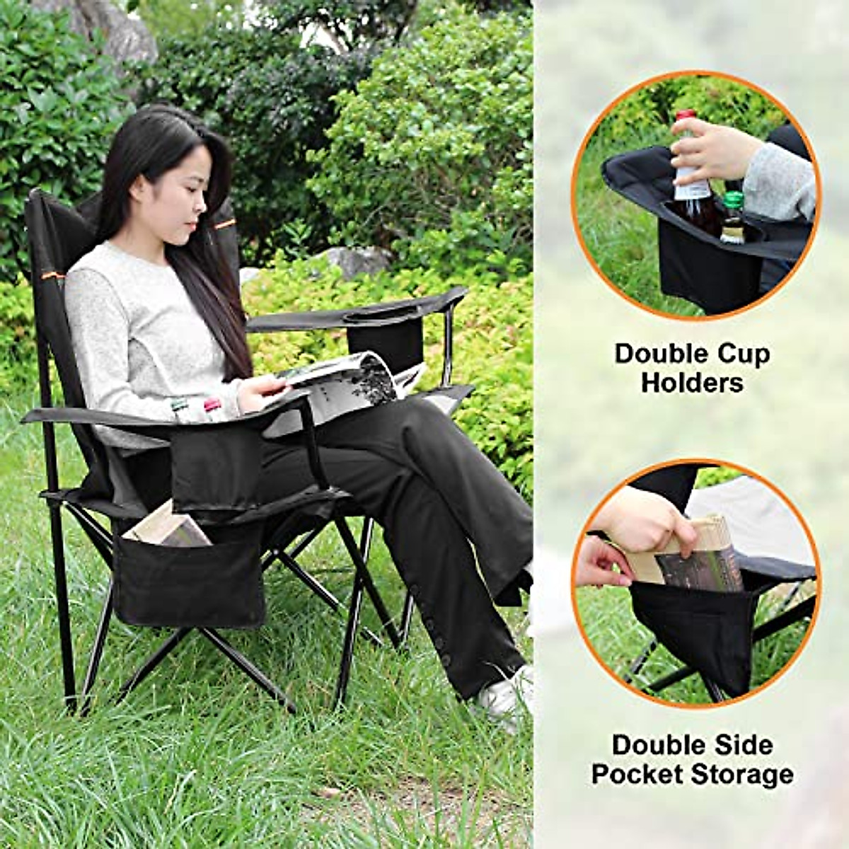 BAYIEIUI Double Camping Chair Portable 2 Person Folding Camp Chair with Storage Cup Holders Supports 440 lbs for Adults Outdoor Black &amp; Grey