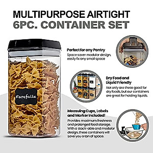 Shazo Airtight Food Storage Container (Set of 6) - BONUS Measuring Cup - Labels & Marker - Durable Plastic - BPA Free - Clear with Improved Lids (Black) - Air Tight Snacks Pantry & Kitchen Canisters