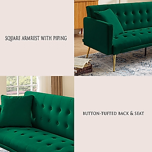 72"Modern Velvet Sofa Bed Futon,Convertible Folding Sleeper Bed Couches with 3 Adjustable Backrests,Tufted Recliner Love Seat with Golden Chrome Legs for Living Room Apartment Home Office (Green)