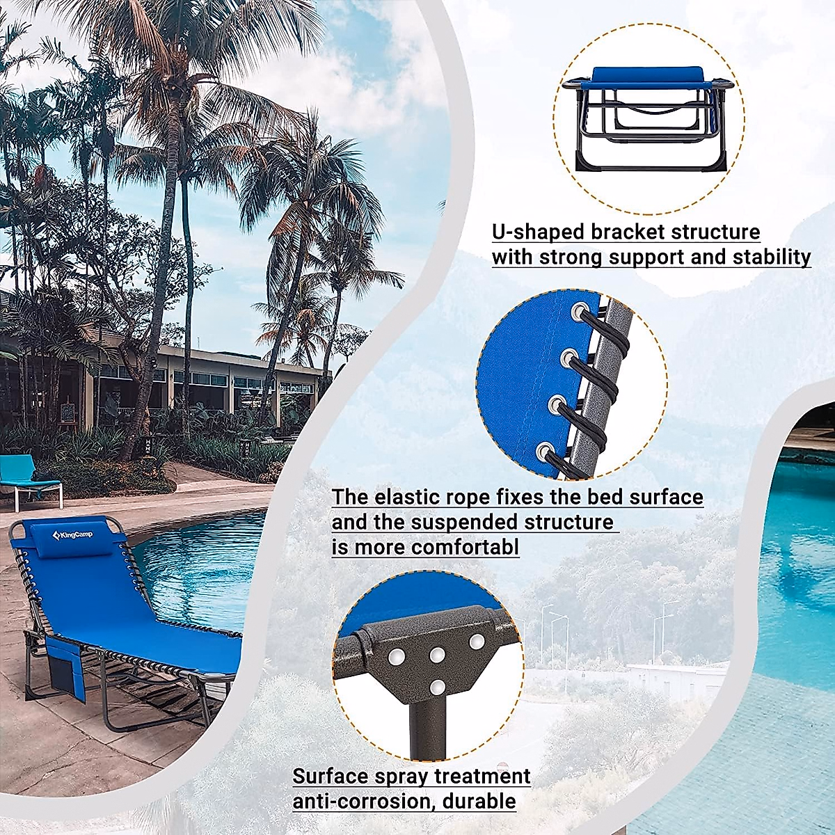 KingCamp Chaise Lounge Outdoor 5-Position Adjustable Patio Lounge Chair,Folding Tanning Chair for Lawn,Beach,Pool,Heavy-Duty Camping Reclining Chair