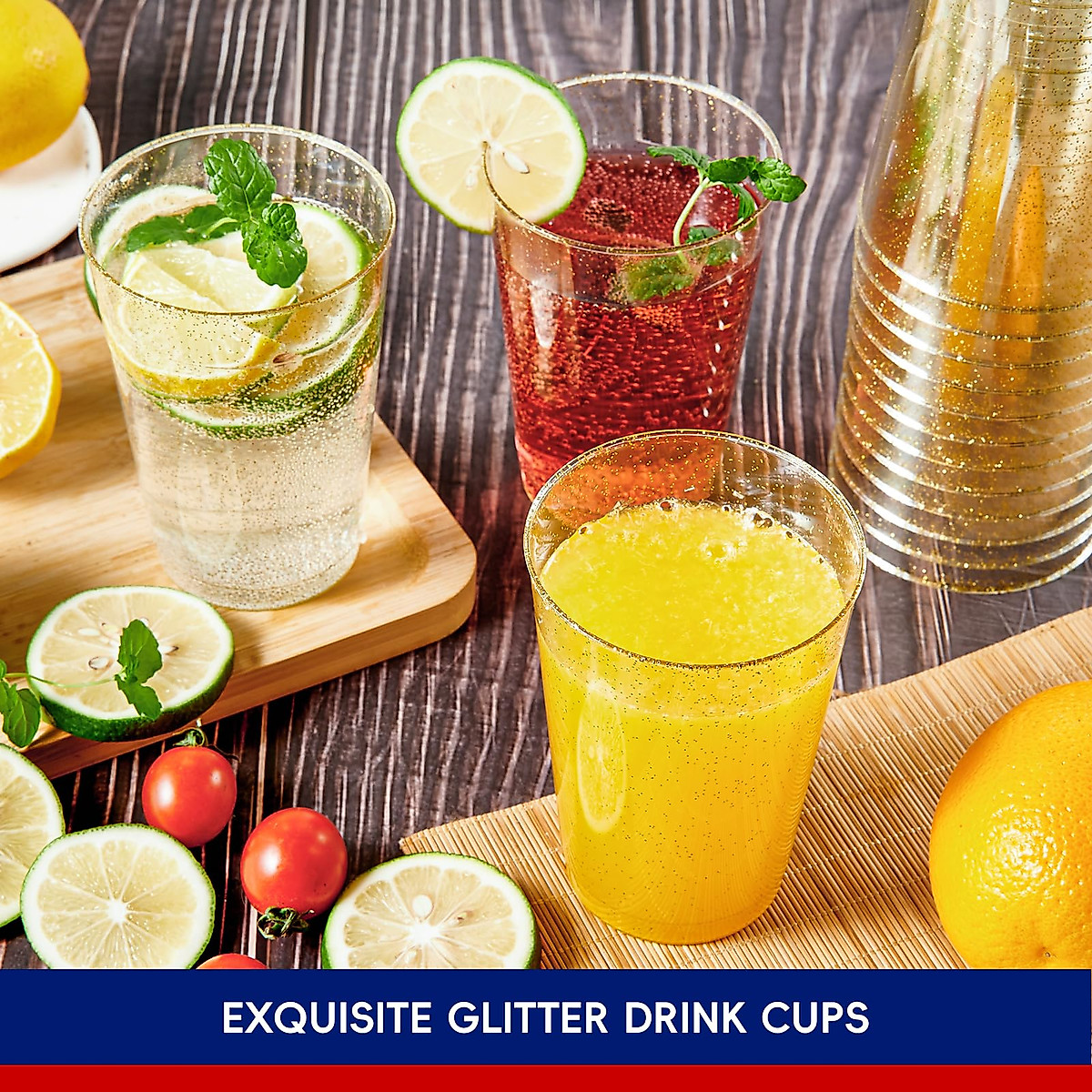 JOLLY CHEF 100 Pack 12 oz Gold Plastic Cups, Disposable Gold Cups,Heavy-duty Clear Plastic Tumblers, Gold Glitter Cups, Disposable Cups for Wedding, Thanksgiving, Christmas Party