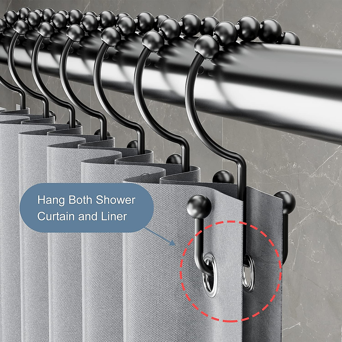 BBLHOME Shower Curtain Hooks Rings, Sturdy Shower Curtain Hooks Rings Rust Proof Metal Double Sided Shower Hooks Rings for Bathroom Shower Curtain Rod Curtains, Set of 12 Hooks, Black
