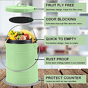 Compost Bin, LALASTAR Countertop Compost Bin with Lid, Kitchen Compost Container, Odorless Compost Bucket for Kitchen Food Waste with Carrying Handle, 1 Gallon, Green