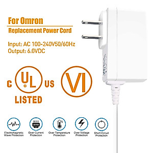 6V AC Adapter for Omron Blood Pressure Monitor Hem-ADPTW5, USA UL Listed Extra Long 6.6 Ft Cord Healthcare 5 7 10 Series BP5100 BP5250 BP5450 Charger Replacement Power Supply Cord, White