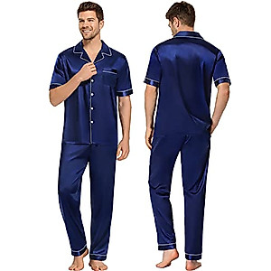 SWOMOG Women Satin Silk Pjs Sets Short Sleeve Top & Pants Soft Loose Loungewear Matching Couple Pajamas Sets Navy Blue