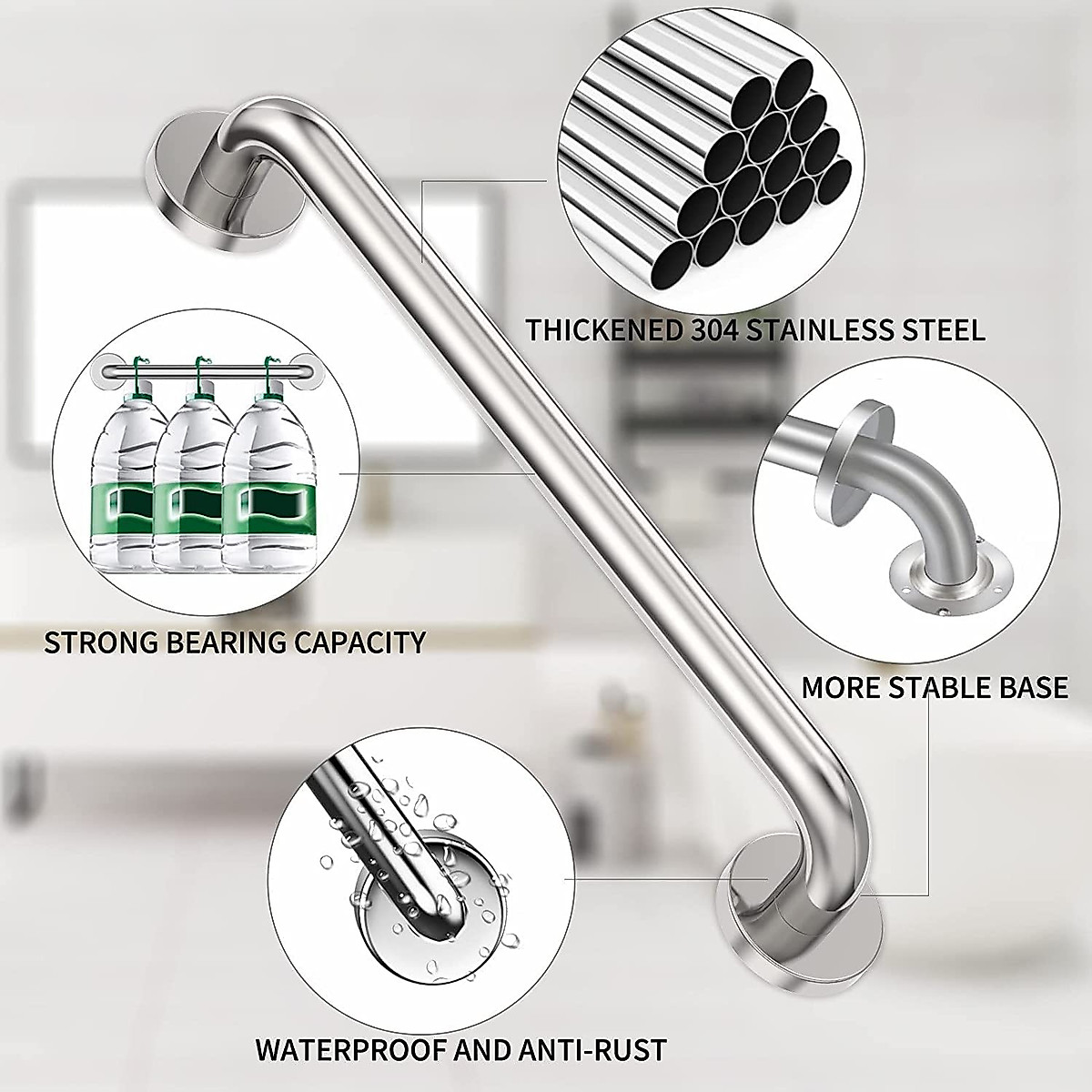 18 Inch Shower Grab Bar 2 Pack Brushed Nickel SUS304 Safety Bathroom Grab Bars with Concealed Screws, 500lbs Support Assist Bath Handle Balance Bar for Handicap Elderly Pregnant