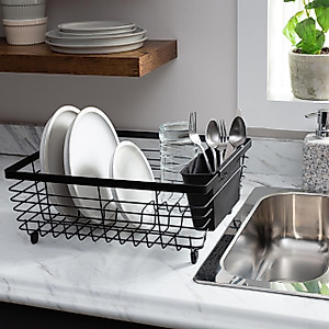 Kitchen Details Flat Wire Countertop or Over The Sink Dish Drying Rack with Cutlery Basket, Black