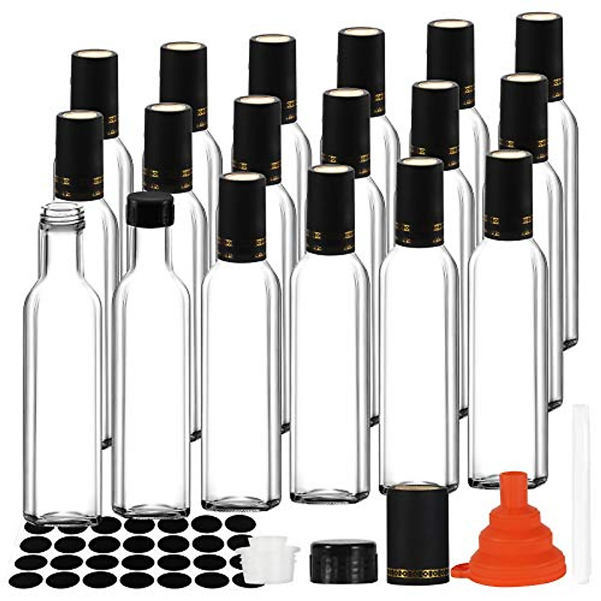 WERTIOO Hot Sauce Bottles, 18 Pack 8.5 OZ Quadra Bottles with Leak Proof Screw Caps, Glass Square Bottles With Caps Shrink Capsules for Oil, Vinegar, Syrup, Salad Dressing, Juicing
