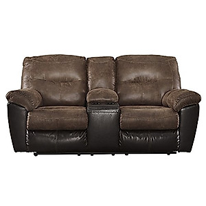 Signature Design by Ashley Follett Faux Leather Manual Pull Tab Reclining Loveseat with Center Console, Two Tone Brown