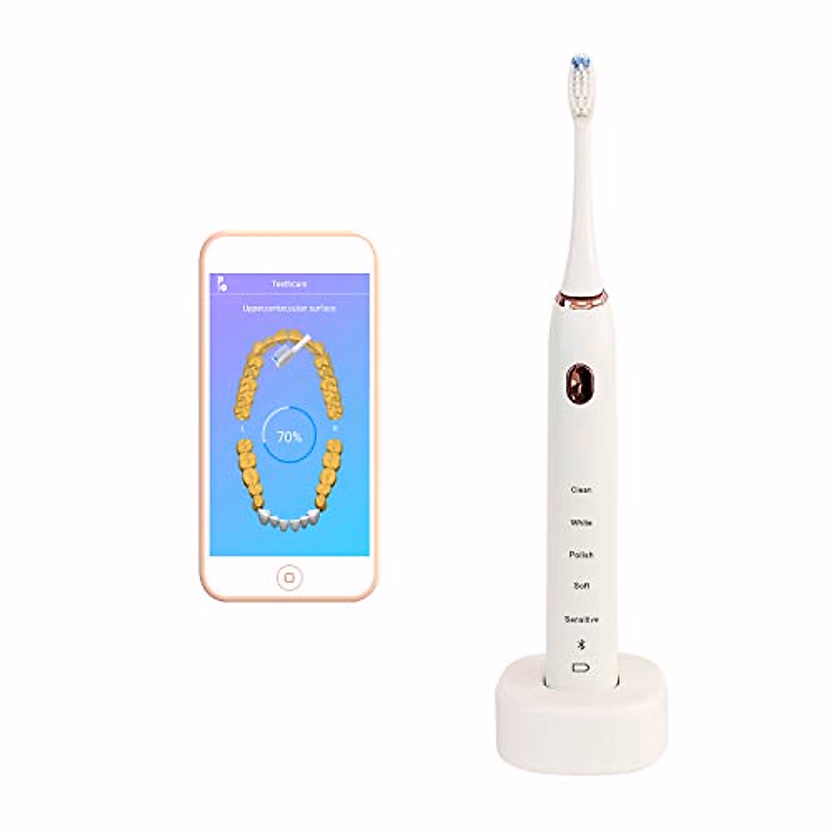 Over The Sea Sonic Bluetooth Rechargeable Electronic Toothbrush – 5 Modes – App Control – Smart Timer – Wireless Charging – Portable Power Toothbrush – 2 Replacement Dupont Brush Heads (White)