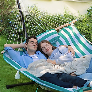Double Outdoor Hammock with Stand, 2 Person Cotton Rope Hammock with Polyester Pad and Pillow for Backyard Porch Patio Garden