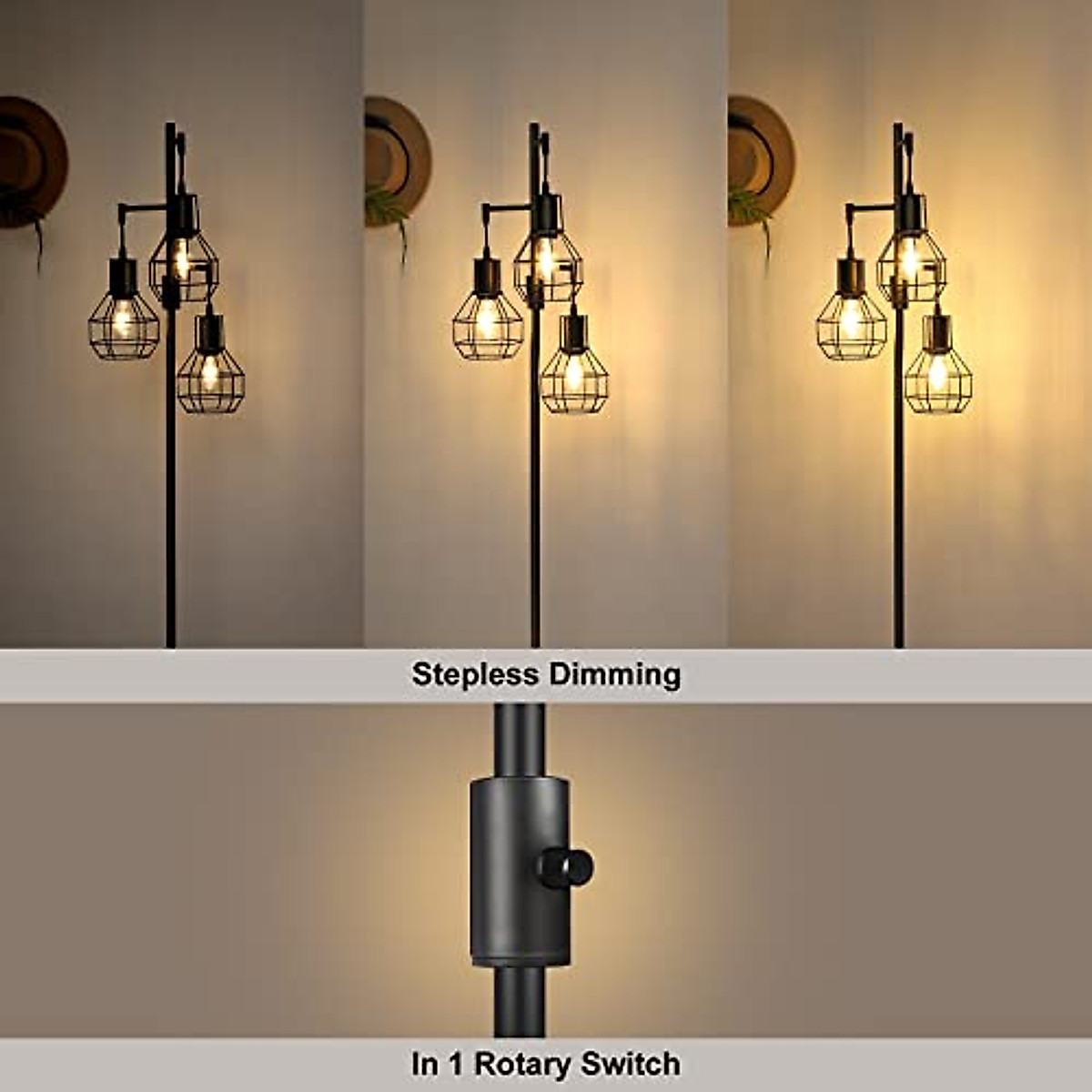 EDISHINE Industrial Floor Lamp, Dimmable Farmhouse Standing Lamp for Living Room, Sturdy Base, Rustic Tall Tree Reading Lamps Home Decor for Bedroom, Office, Black (3 LED Edison Bulbs Included)