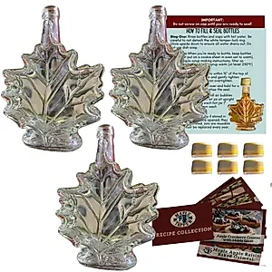 Maple Tapper Glass Maple Syrup Bottles Jars (Set of 3) with (6) Self-Sealing Caps – Reusable Leaf Shaped, Food Grade Canning Bottles 250 ml, 8.4 oz for Sugarmaking & 5 Recipe Cards, Instructions